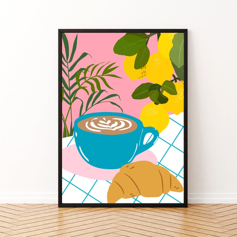 Boho Cafe Print, Latte Croissant Poster, Lemon Wall Art, Bright Happy ...