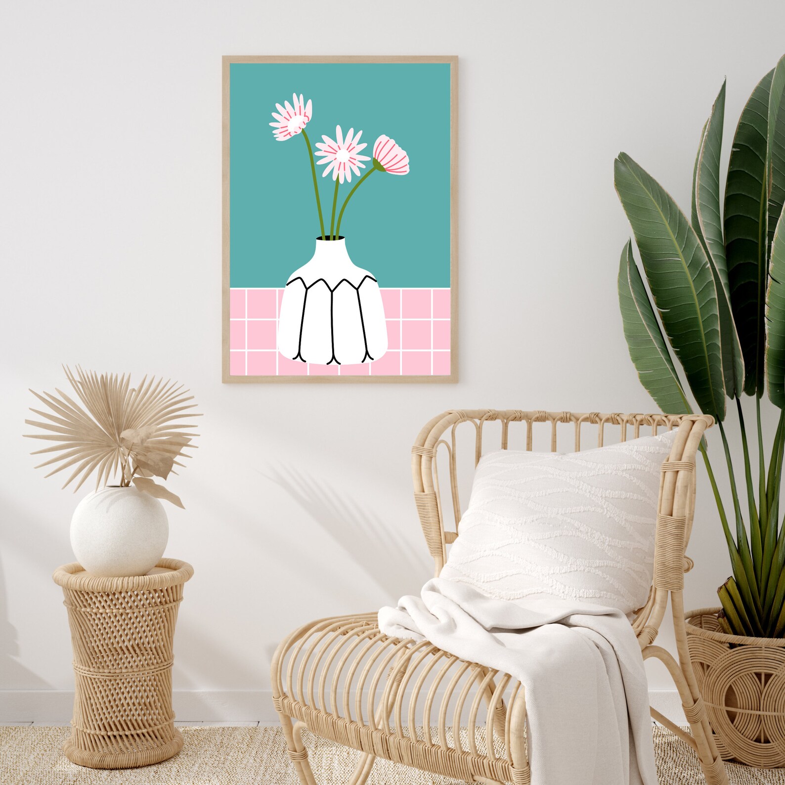 Teal Daisy Flower Vase Pink Tile Botanical Print Floral Wall Art Boho ...