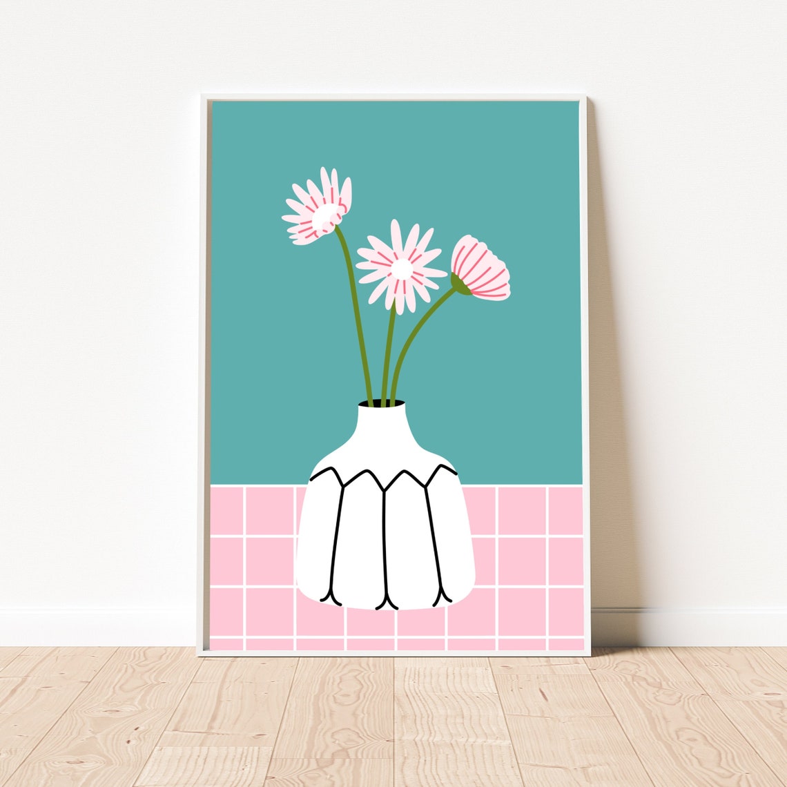 Teal Daisy Flower Vase Pink Tile Botanical Print Floral Wall Art Boho ...