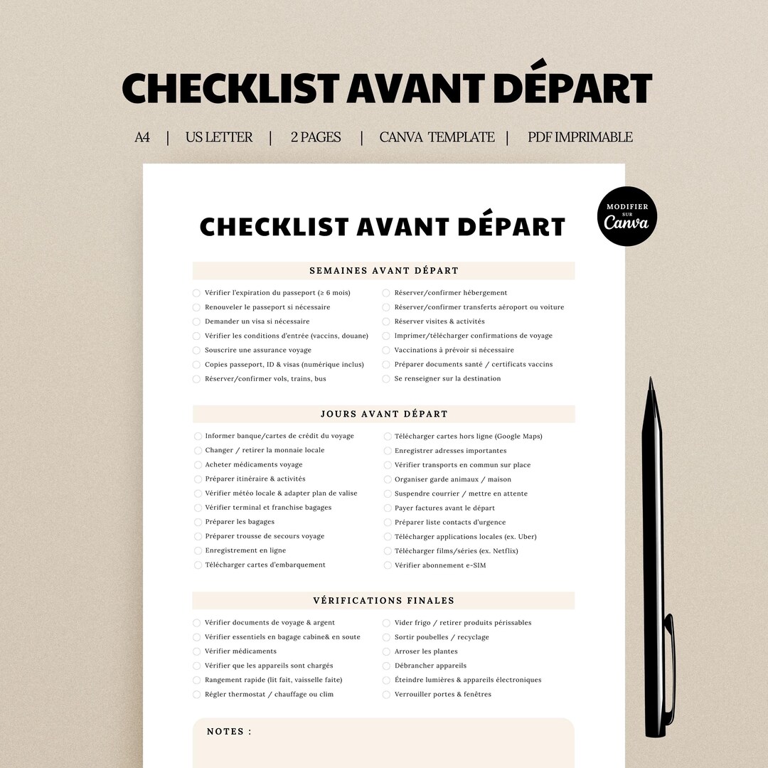 French Pre Travel Checklist Printable PDF | Last Minute Checks, Trip ...