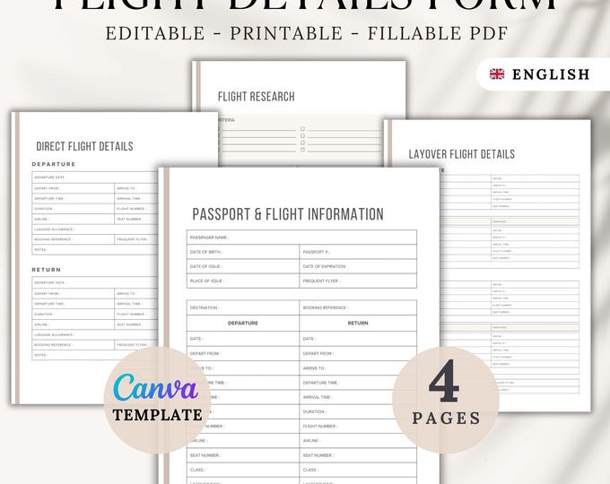 Editable Flight Planner Printable | Flight Information Sheet | Travel ...