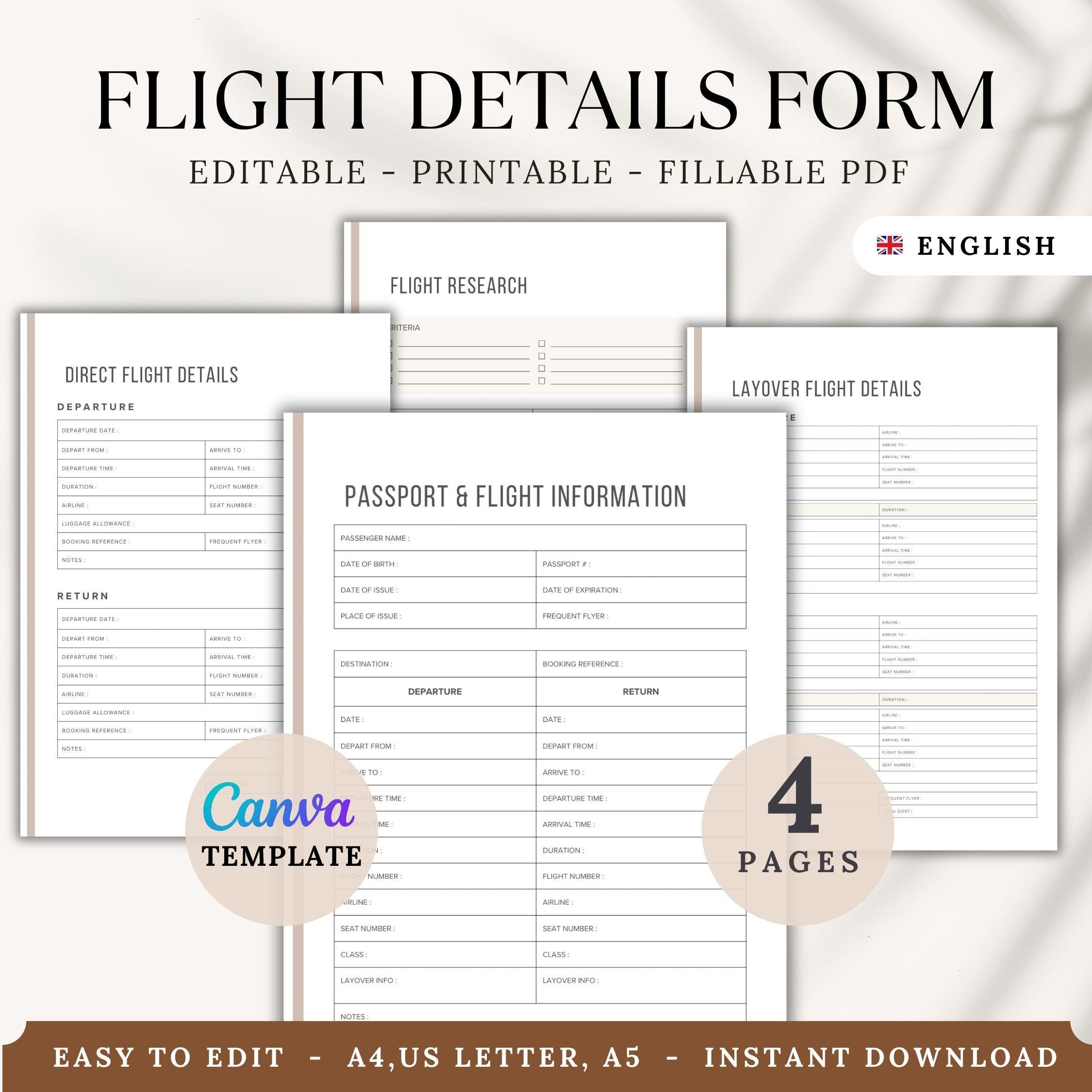 Editable Flight Details Form - Fillable Printable | Canva Template ...