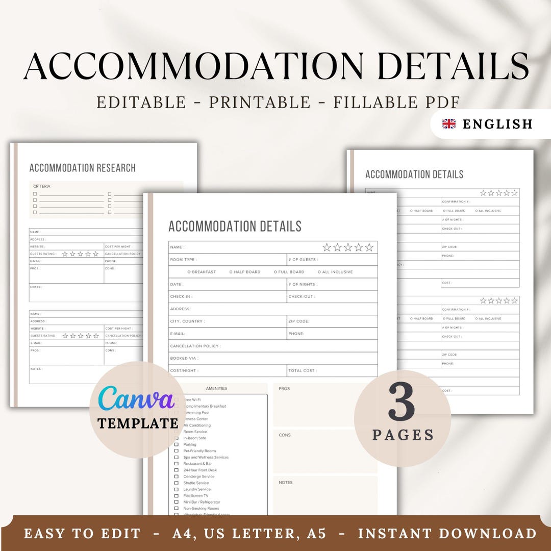 Editable Accommodation Form | Hotel Booking Info Sheet Travel Itinerary ...