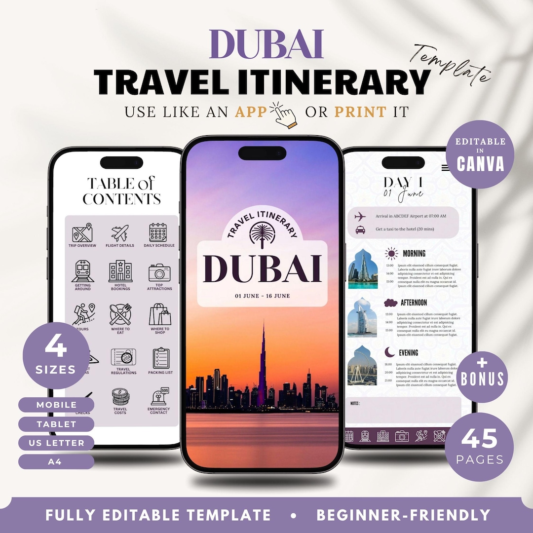Dubai Travel Itinerary Template: Editable in Canva, Holiday Vacation ...