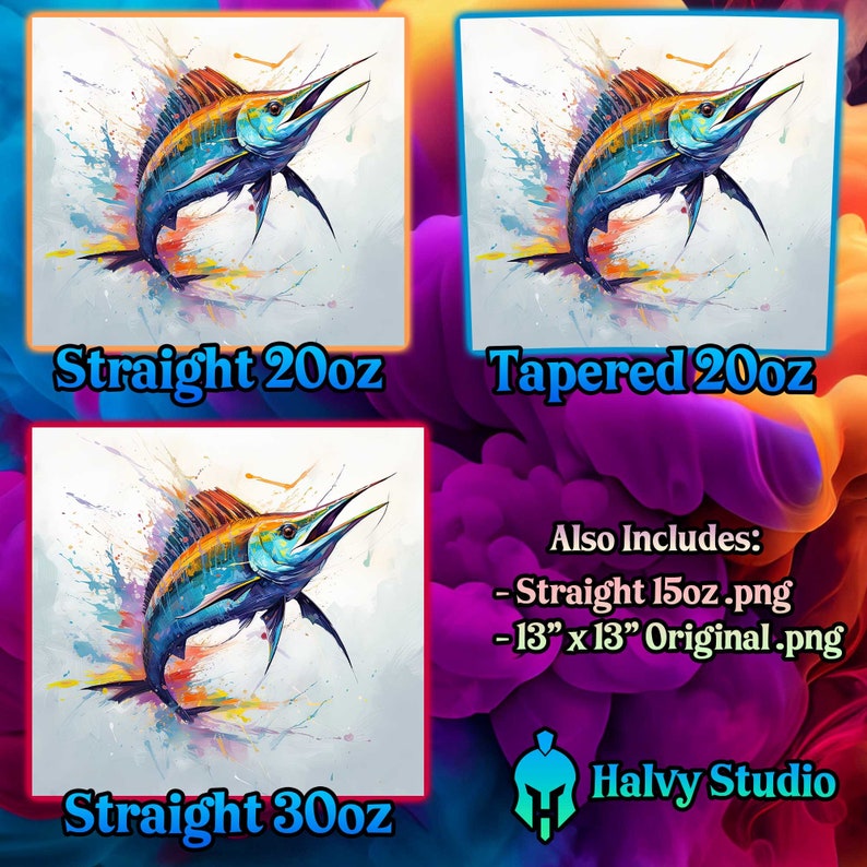 Watercolor Marlin #0135 Sublimation Design for 15oz, 20oz Straight ...