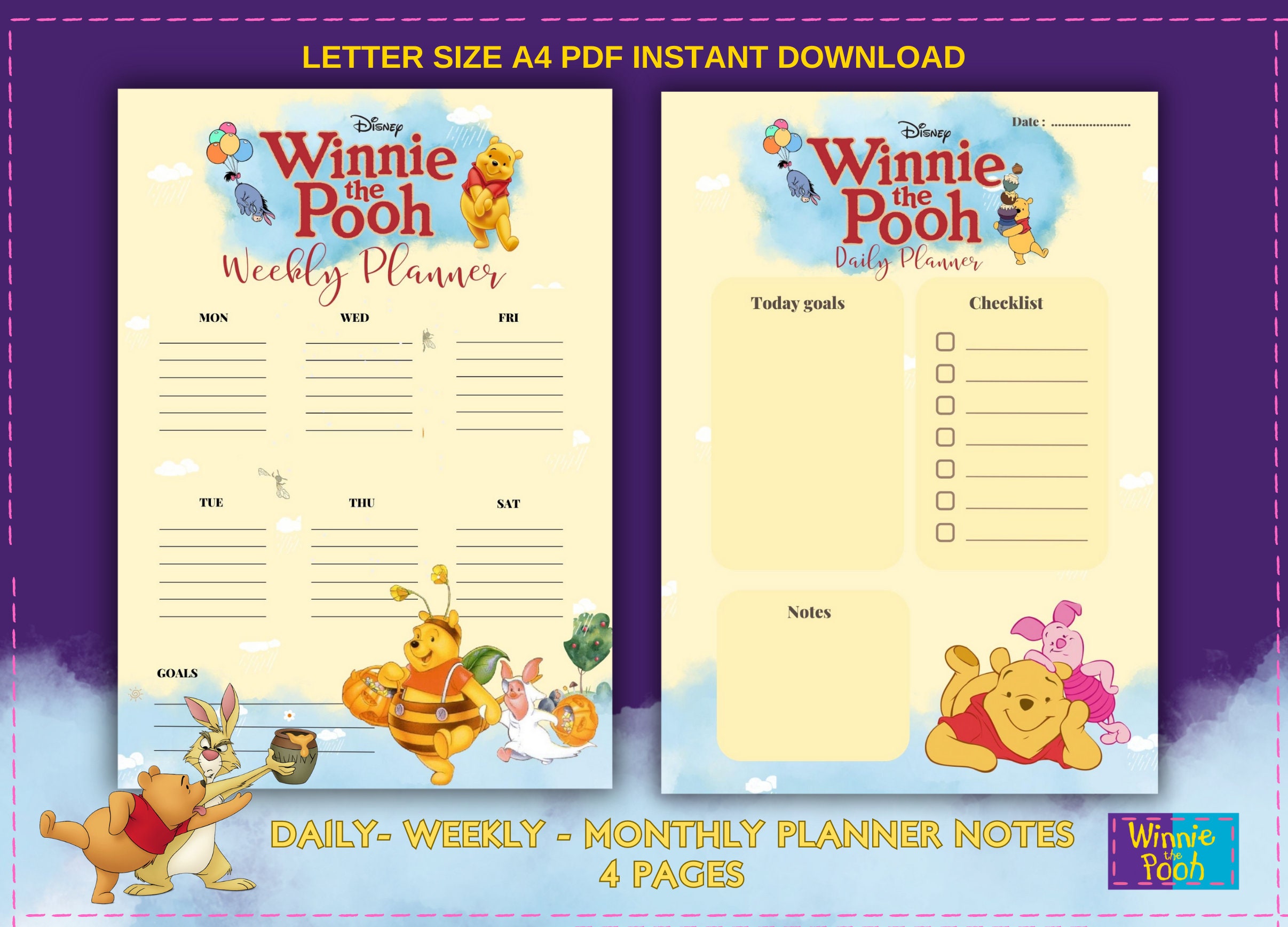 Winnie the Pooh Daily, Weekly - Monthly Planner Notes 4 PAGES Printable ...