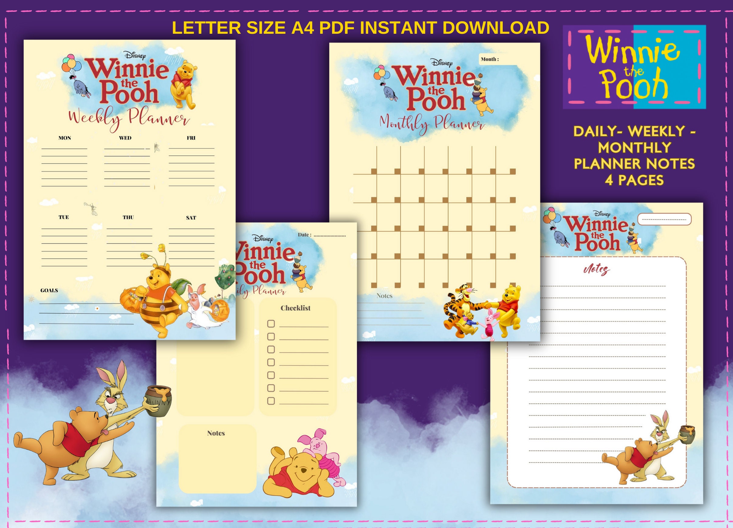 Winnie the Pooh Daily, Weekly - Monthly Planner Notes 4 PAGES Printable ...