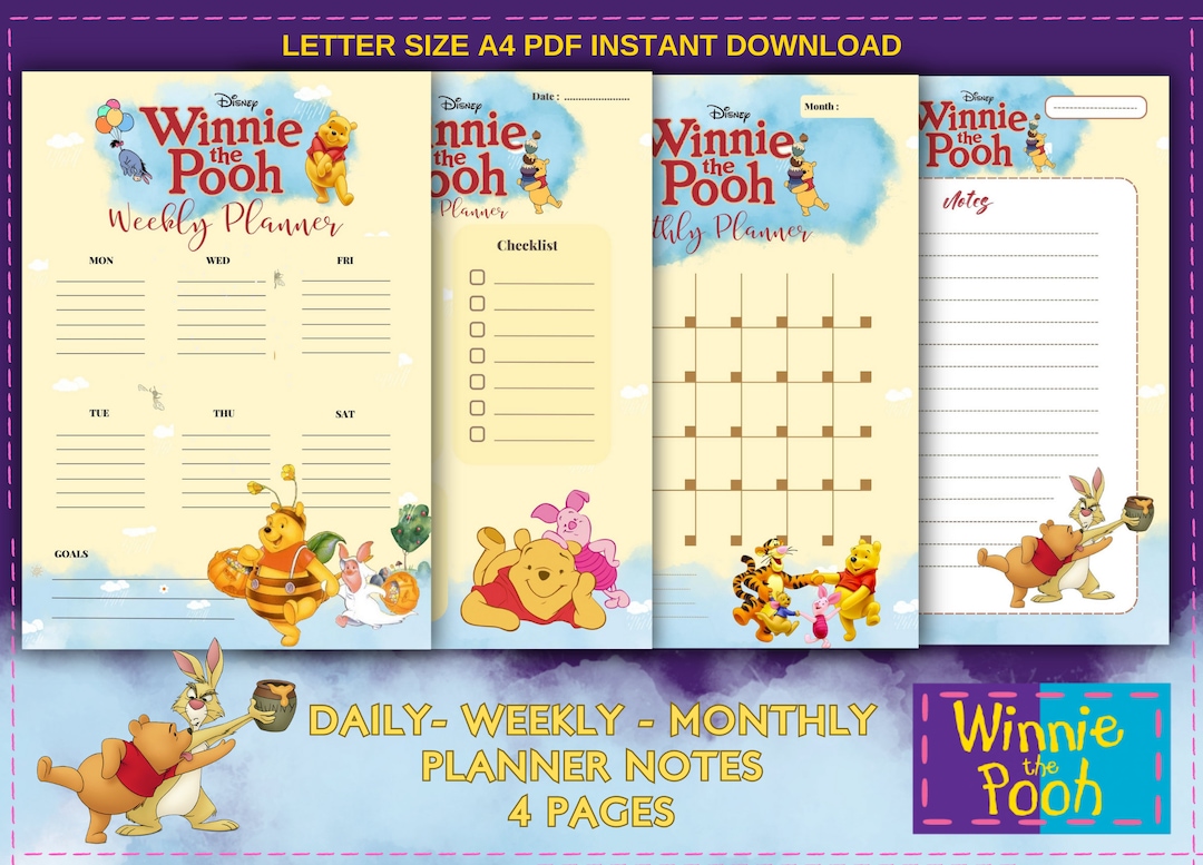 Winnie the Pooh Daily, Weekly - Monthly Planner Notes 4 PAGES Printable ...