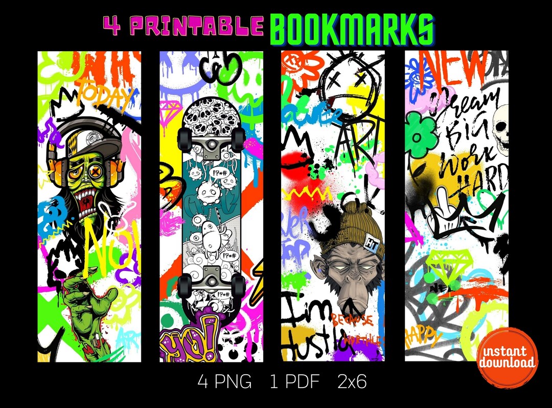 Set of 4 Printable Bookmarks Graffiti Digital Bookmarks Graffiti ...
