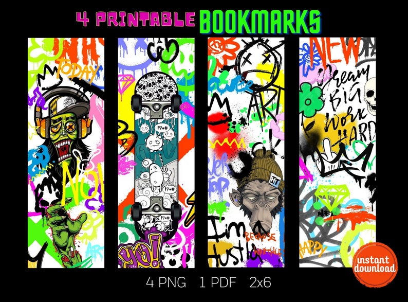 Set of 4 Printable Bookmarks Graffiti Digital Bookmarks Graffiti ...