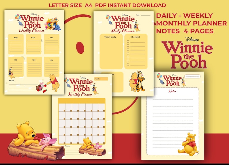 Winnie the Pooh Daily, Weekly Monthly Planner Notes 4 PAGES Printable ...