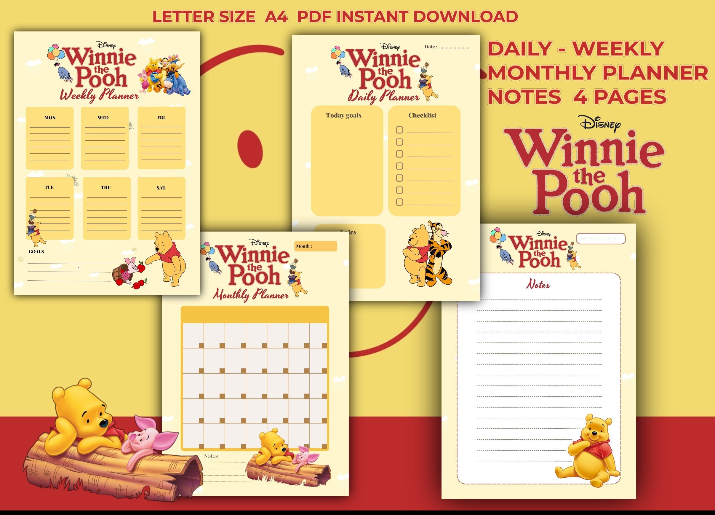 Winnie the Pooh Daily, Weekly - Monthly Planner Notes 4 PAGES Printable ...