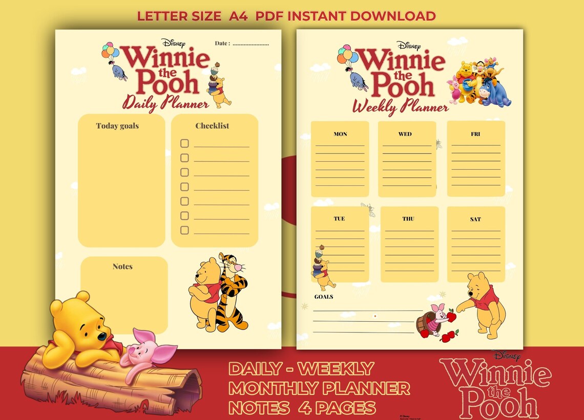 Winnie the Pooh Daily, Weekly - Monthly Planner Notes 4 PAGES Printable ...