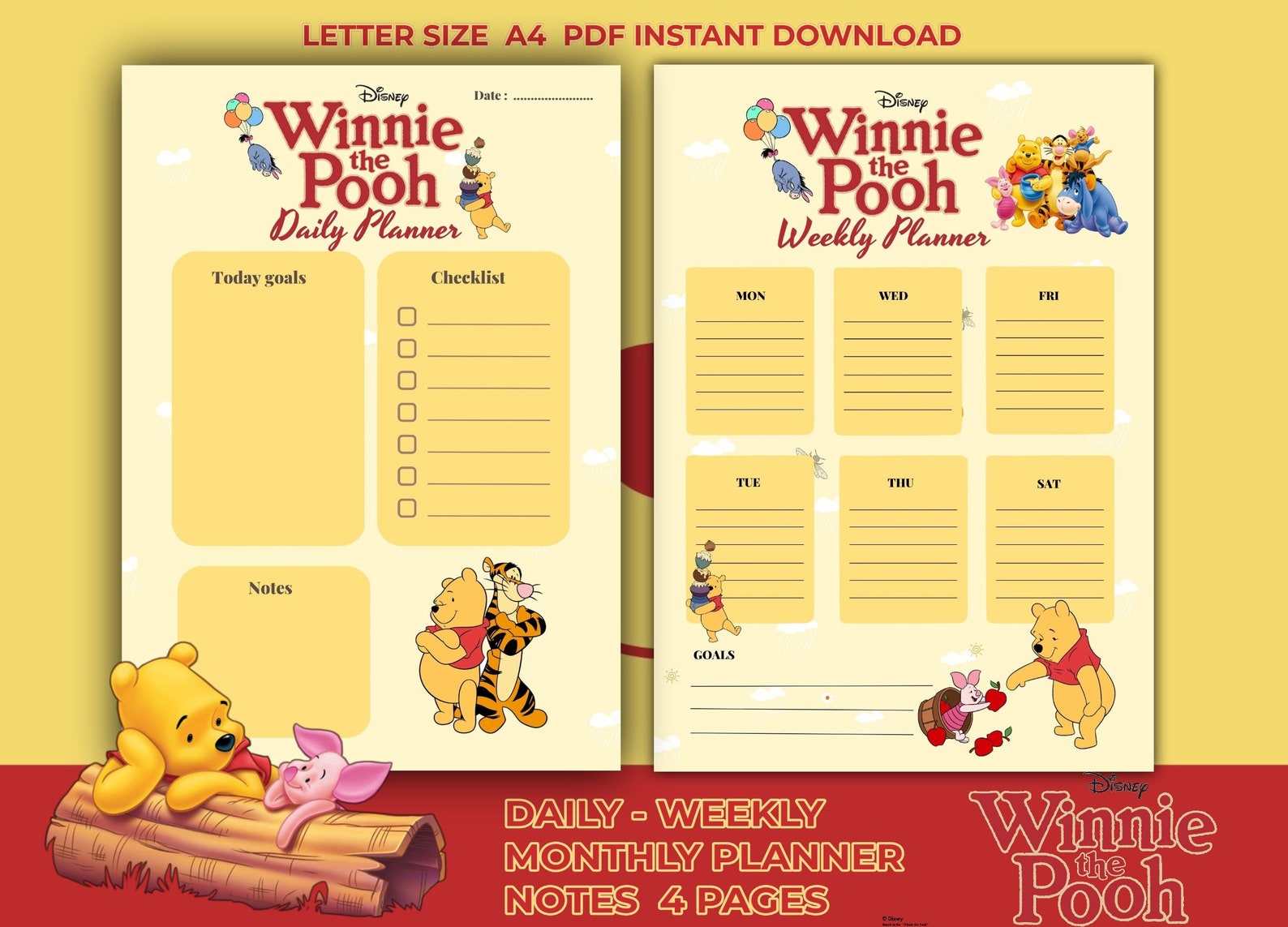 Winnie the Pooh Daily, Weekly - Monthly Planner Notes 4 PAGES Printable ...