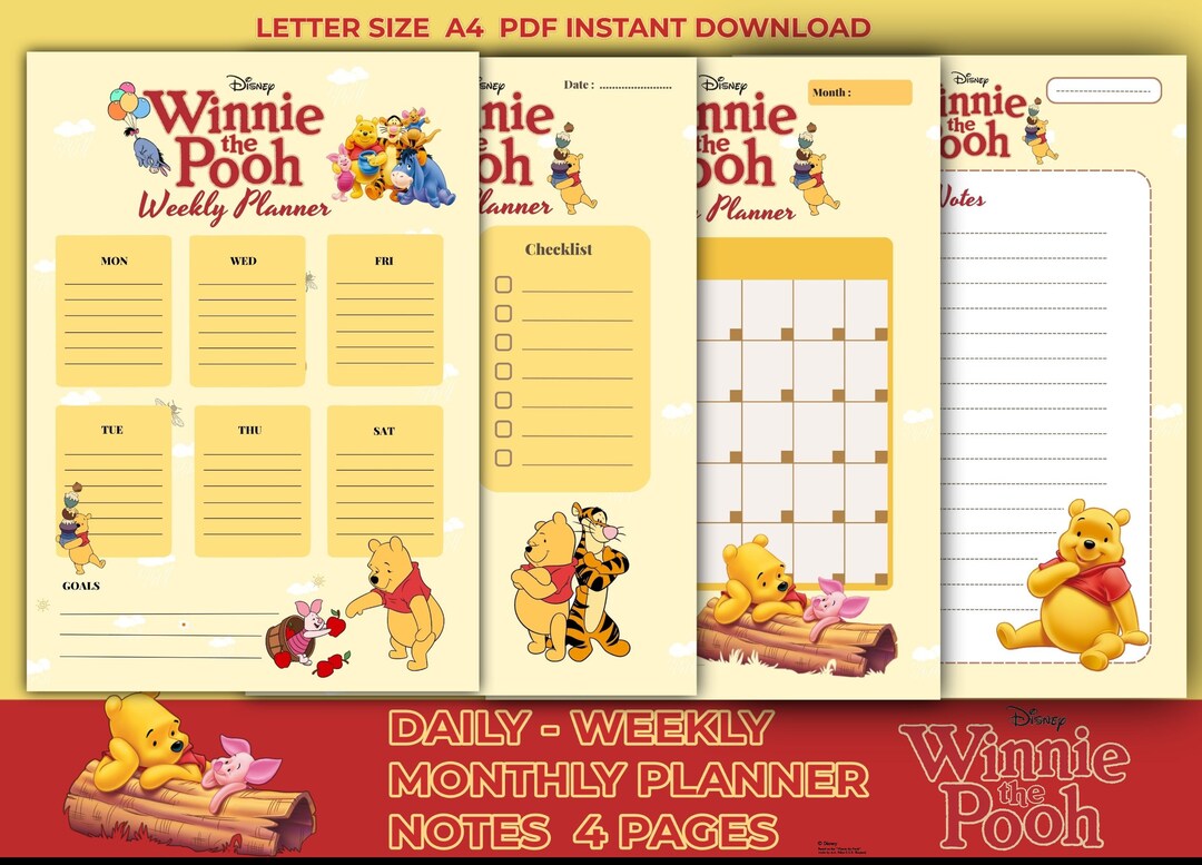 Winnie the Pooh Daily, Weekly - Monthly Planner Notes 4 PAGES Printable ...