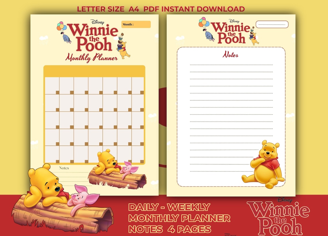 Winnie the Pooh Daily, Weekly - Monthly Planner Notes 4 PAGES Printable ...