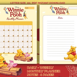 Winnie the Pooh Daily, Weekly Monthly Planner Notes 4 PAGES Printable ...