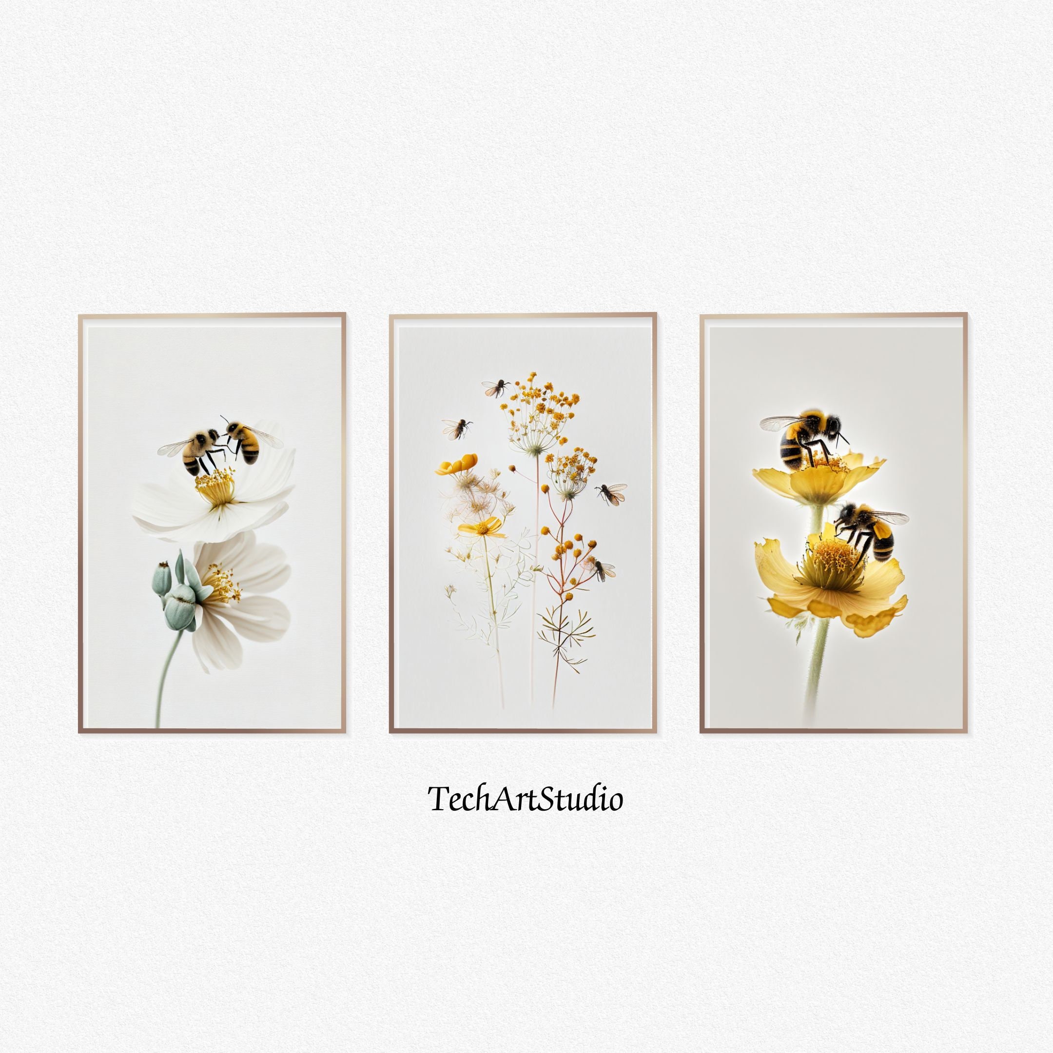 Print Set of 3 Bee, Bee Decor, Bee Wall Art, Bees and Flowers ...