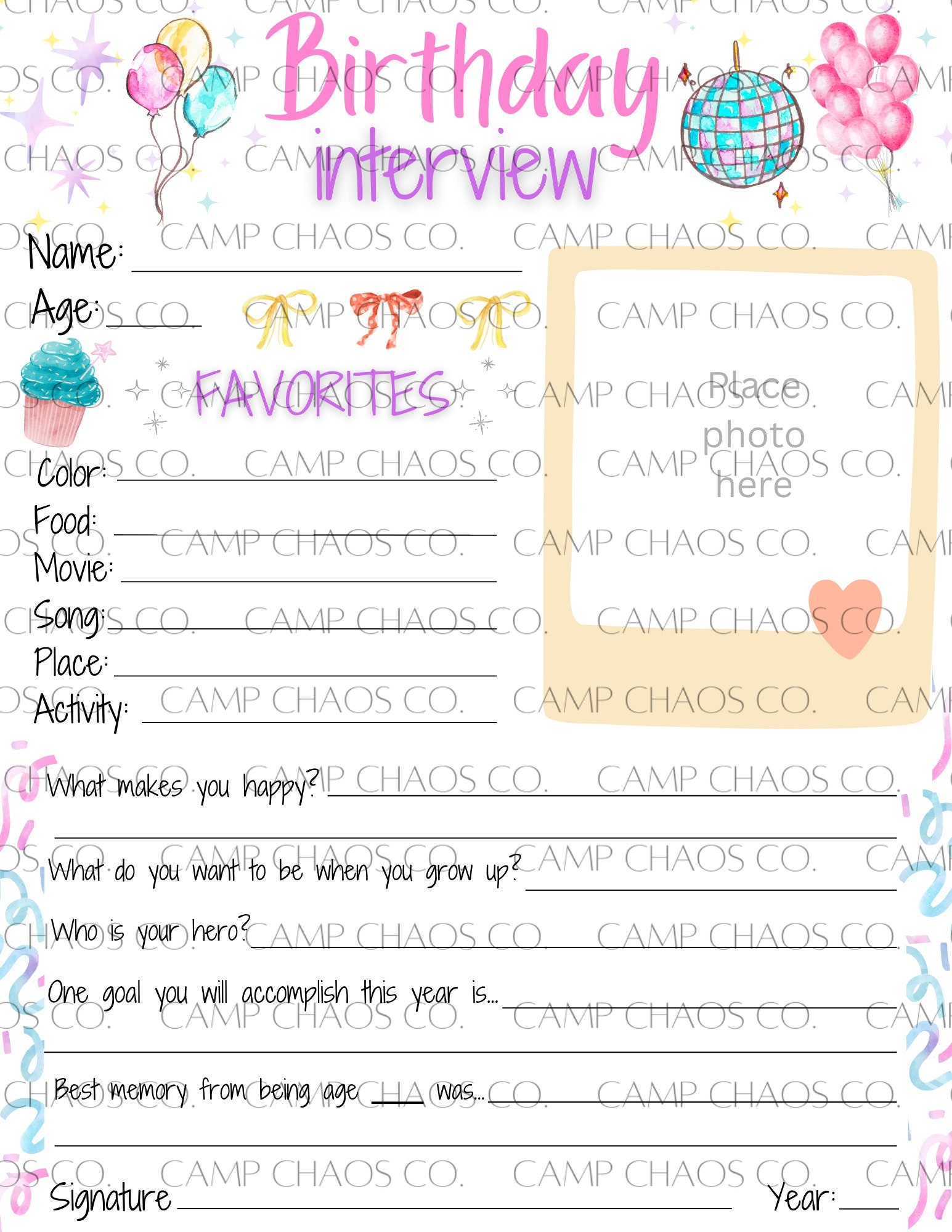 Printable Watercolor Birthday Interview for Her | Printable Kids ...