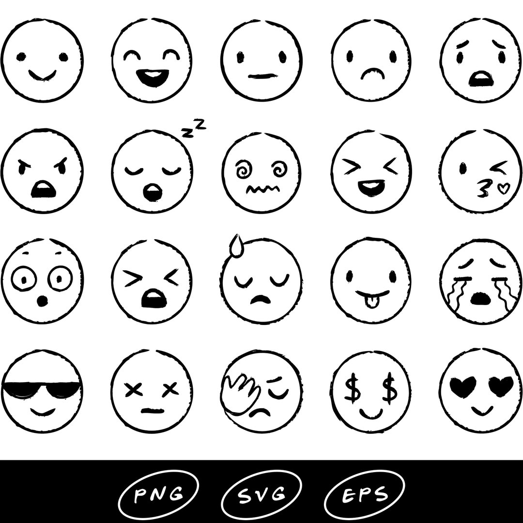 20 Smile Face Bundle, Hand Drawn Emoji. Doodle Emoticons, Smile Face ...