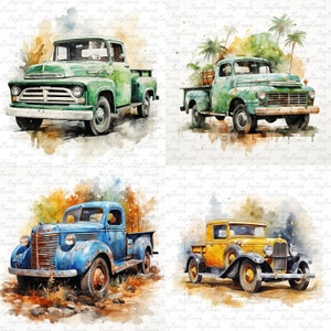 12 Vintage Truck JPG, Old Blue Truck Digital Download, Watercolor Truck ...