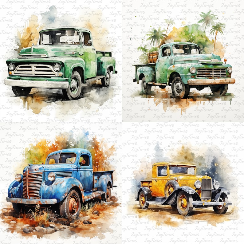 12 Vintage Truck JPG, Old Blue Truck Digital Download, Watercolor Truck ...