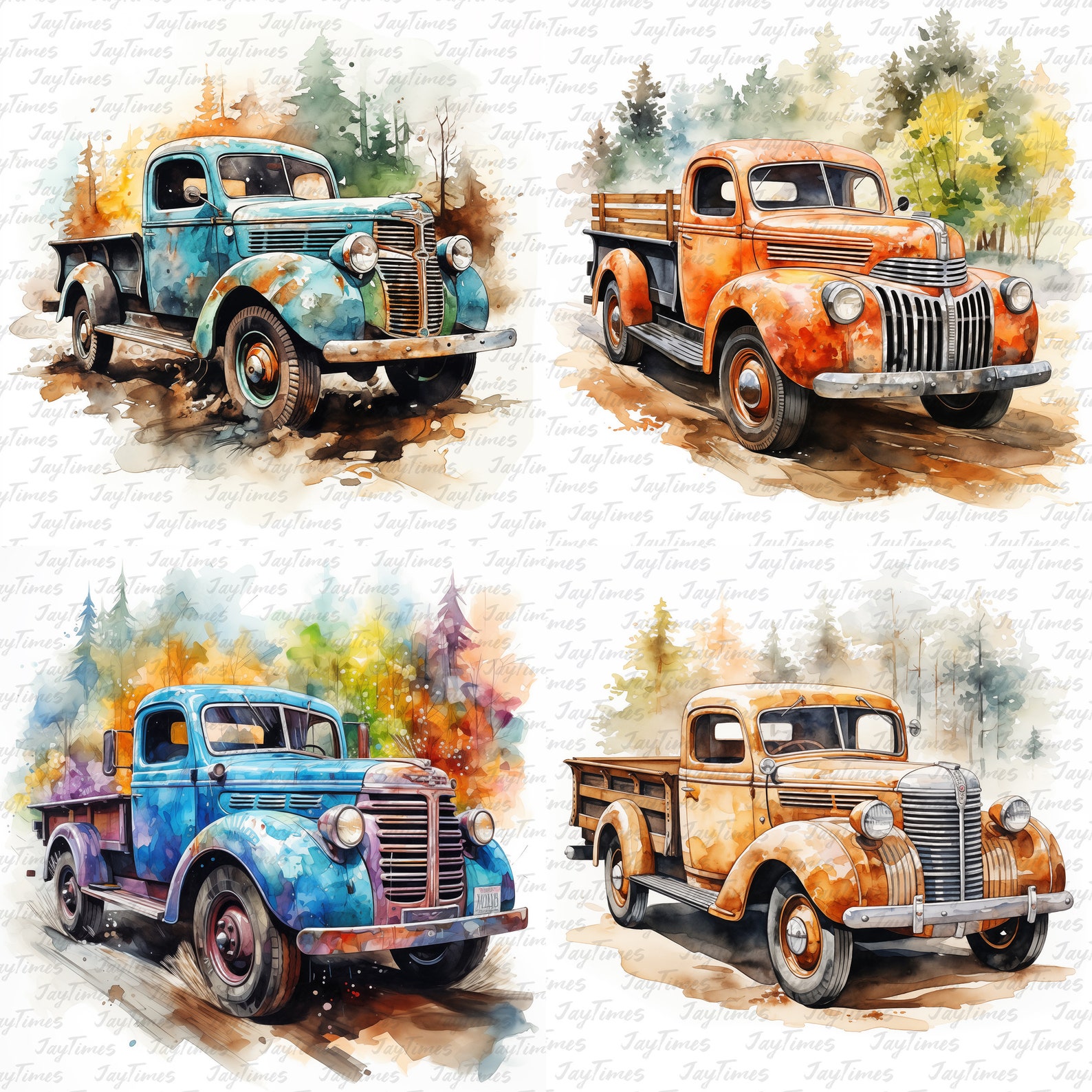 12 Vintage Truck JPG, Old Blue Truck Digital Download, Watercolor Truck ...