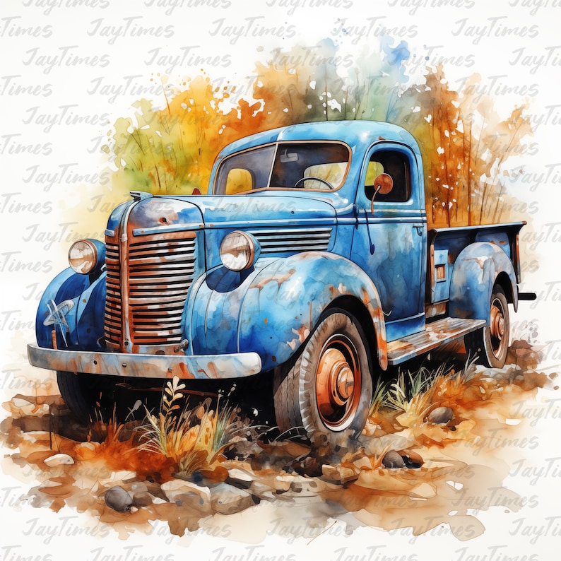 12 Vintage Truck JPG, Old Blue Truck Digital Download, Watercolor Truck ...