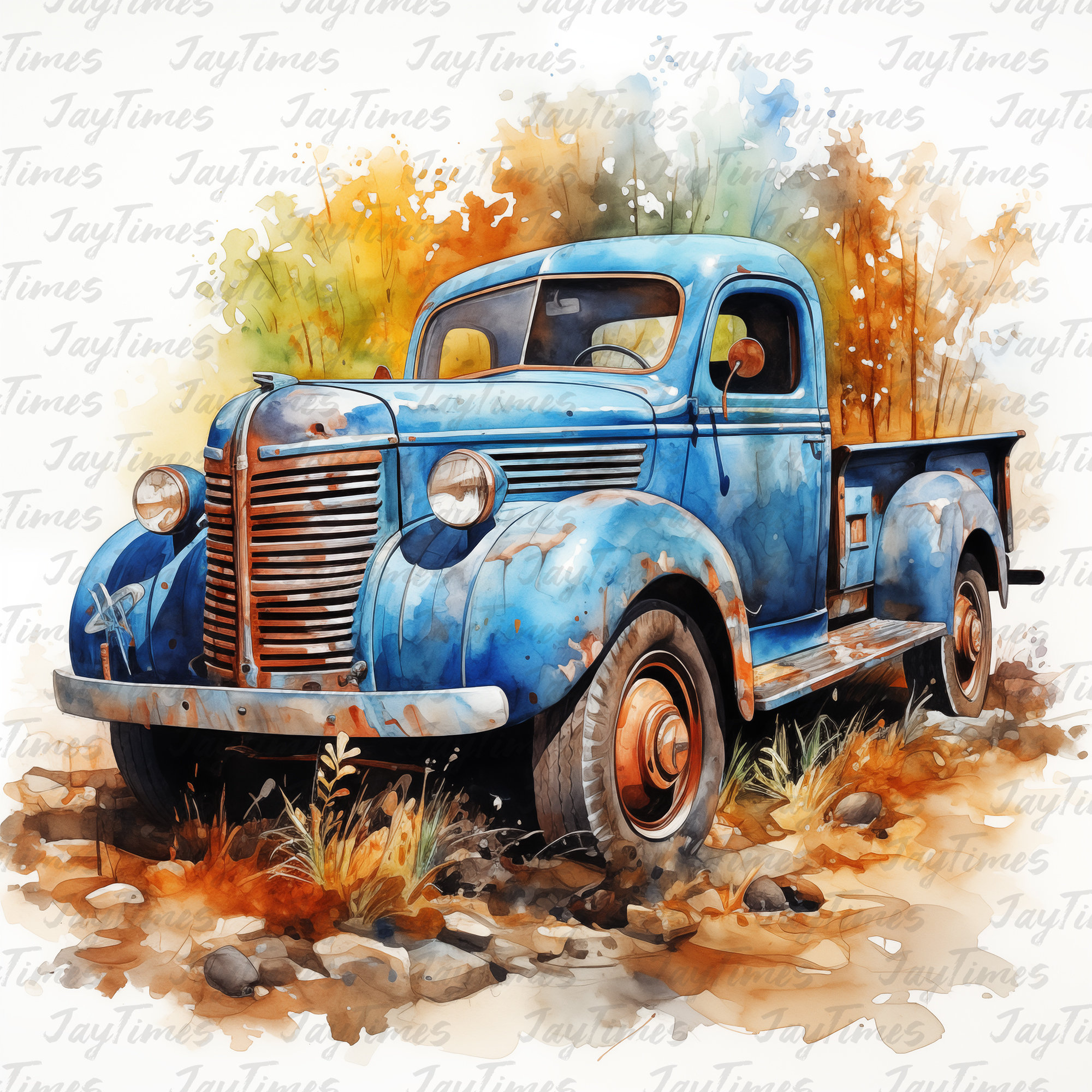 12 Vintage Truck JPG, Old Blue Truck Digital Download, Watercolor Truck ...