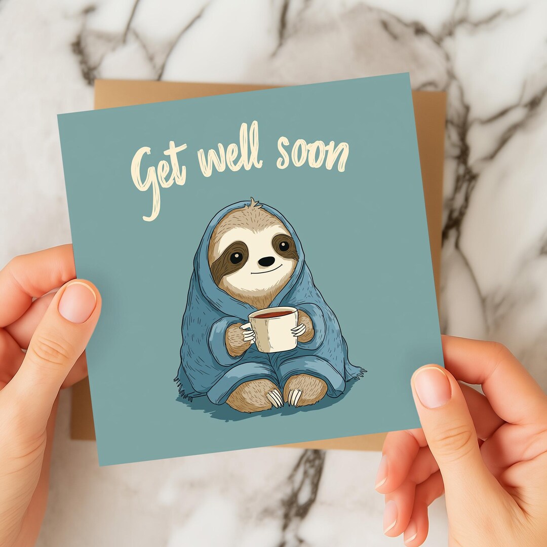 Get Well Soon Card, Sick Sloth Card, Cute Sickeness Best Wihes ...