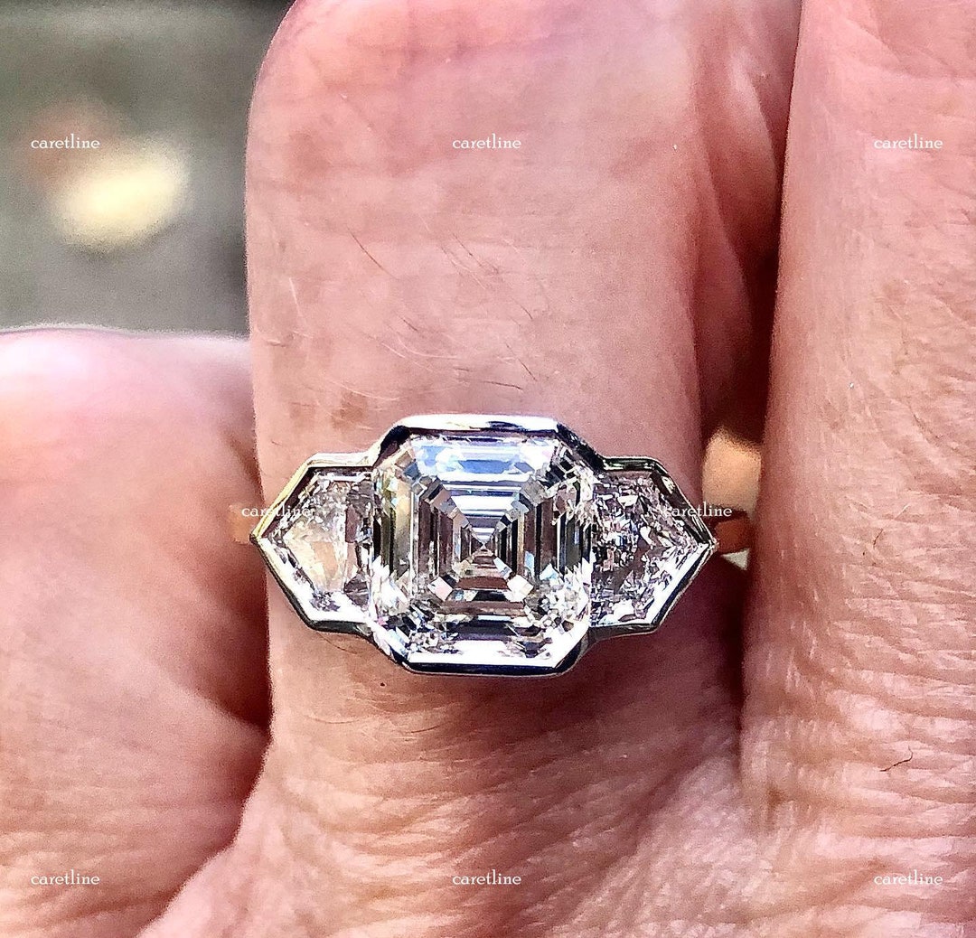 Three Stone Moissanite Engagement Ring Bezel Set Asscher Cut Moissanite Ring 2.50 CTW White Gold ...