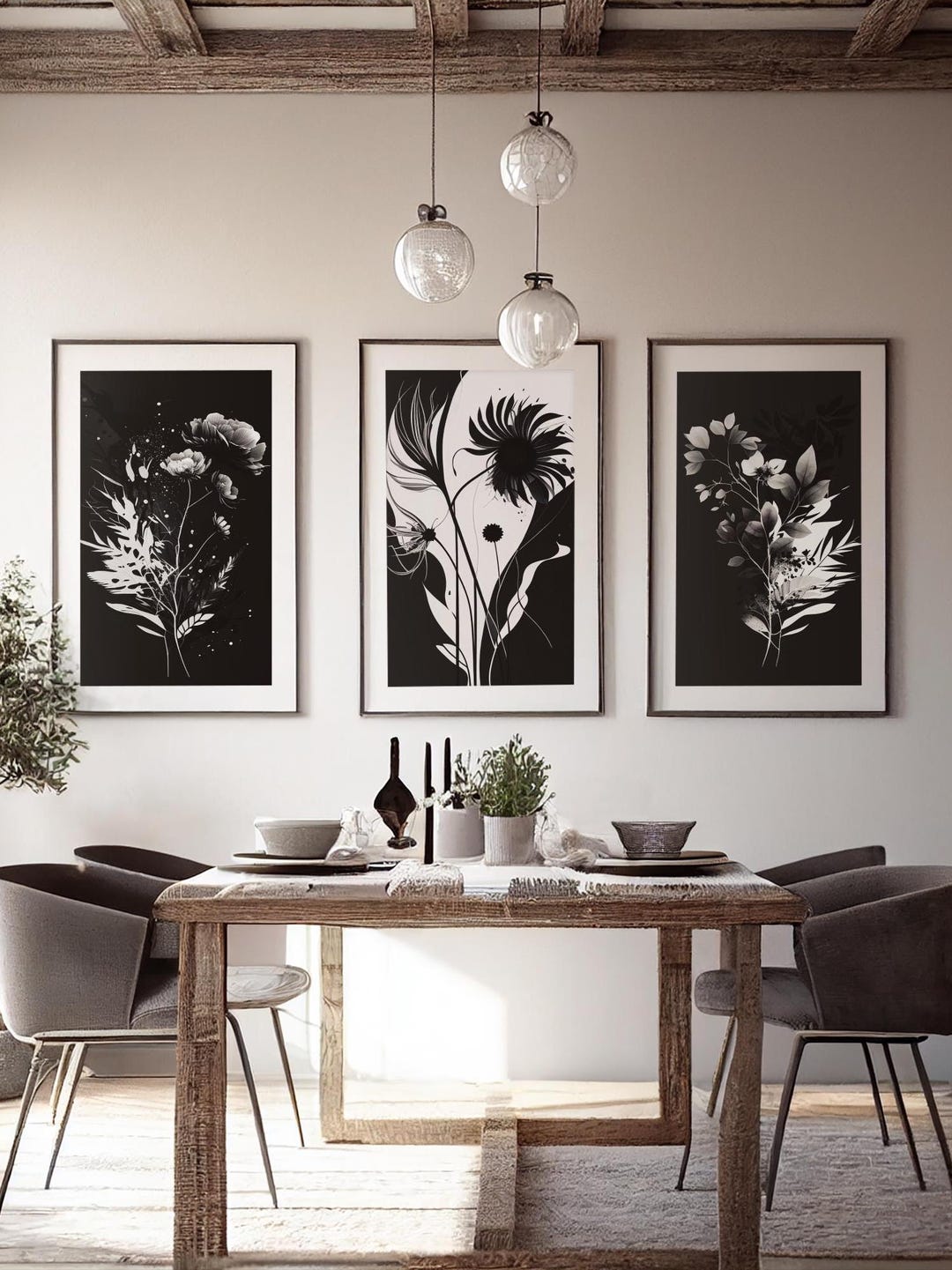 Black and White Pressed Flower Artwork, Botanical Illustration Inked ...