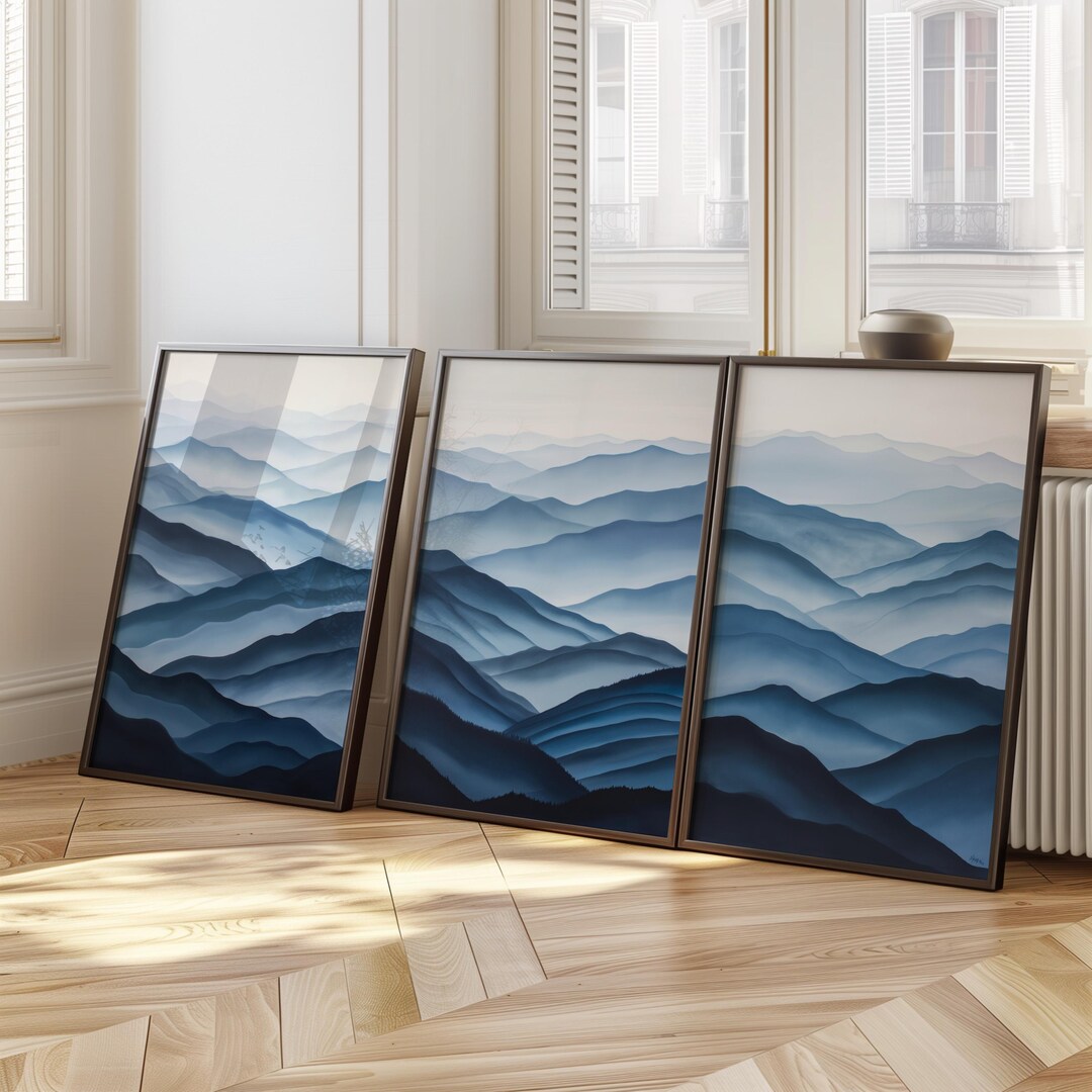 Triptych Mountain Beach Water Wall Art, Abstract Mountain Range 3 Piece ...