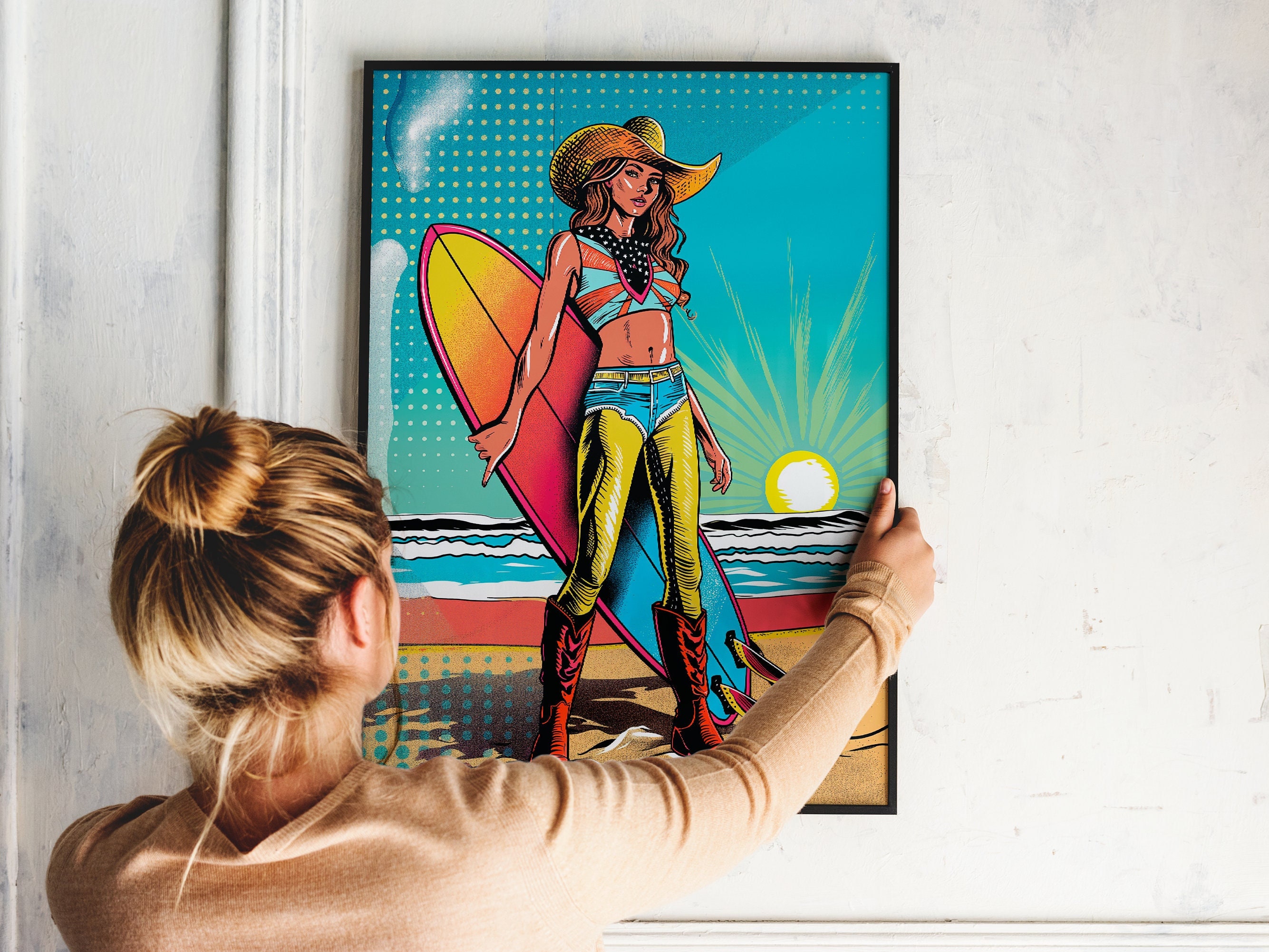Sunny Coastal Cowgirl Surfer Poster, Beach Room Decor, Coastal ...