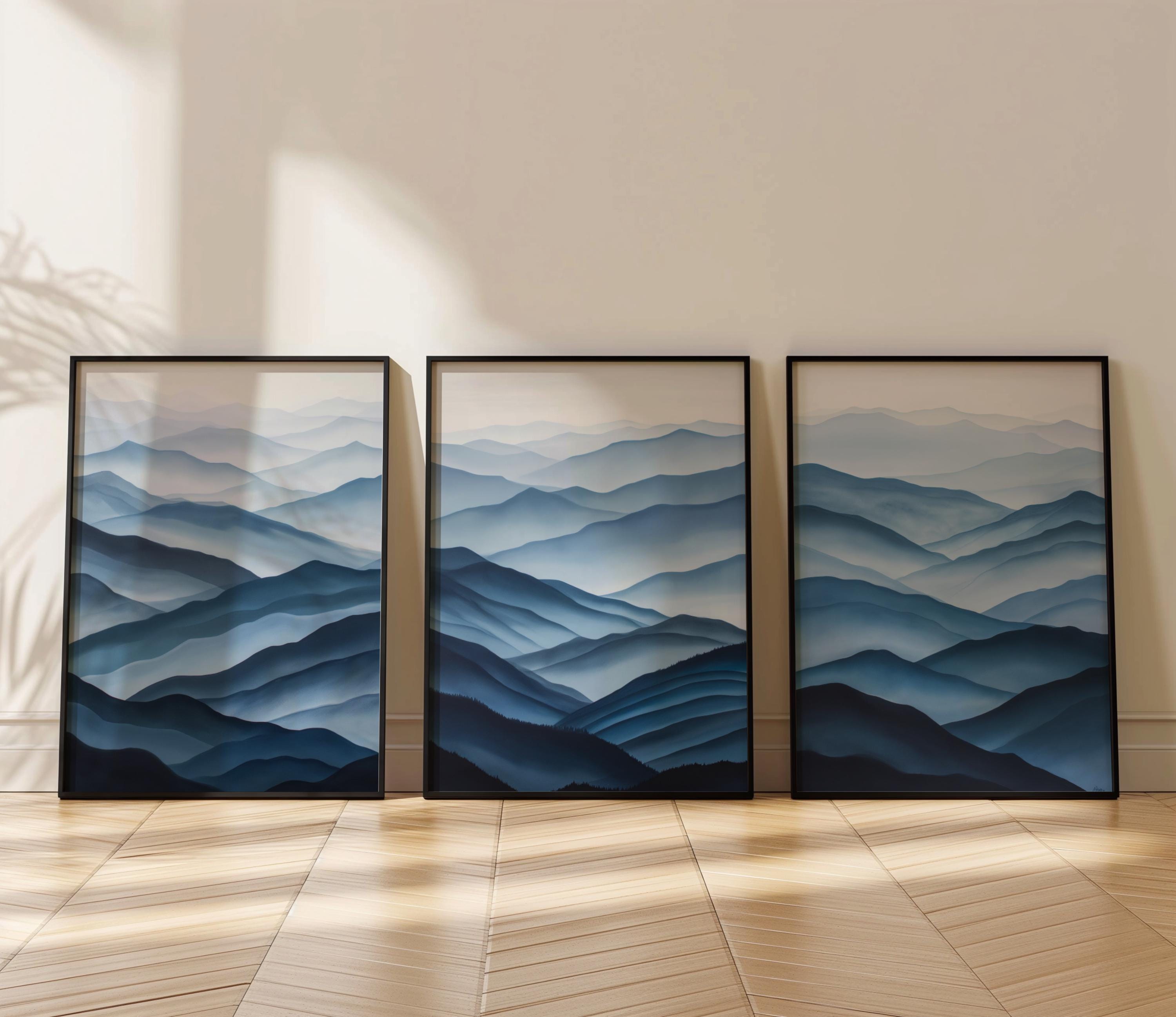 Triptych Mountain Beach Water Wall Art, Abstract Mountain Range 3 Piece ...
