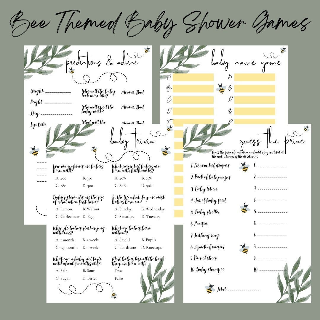 Bee Theme Baby Shower Games Digital Bundle Printable Game Fun Baby ...