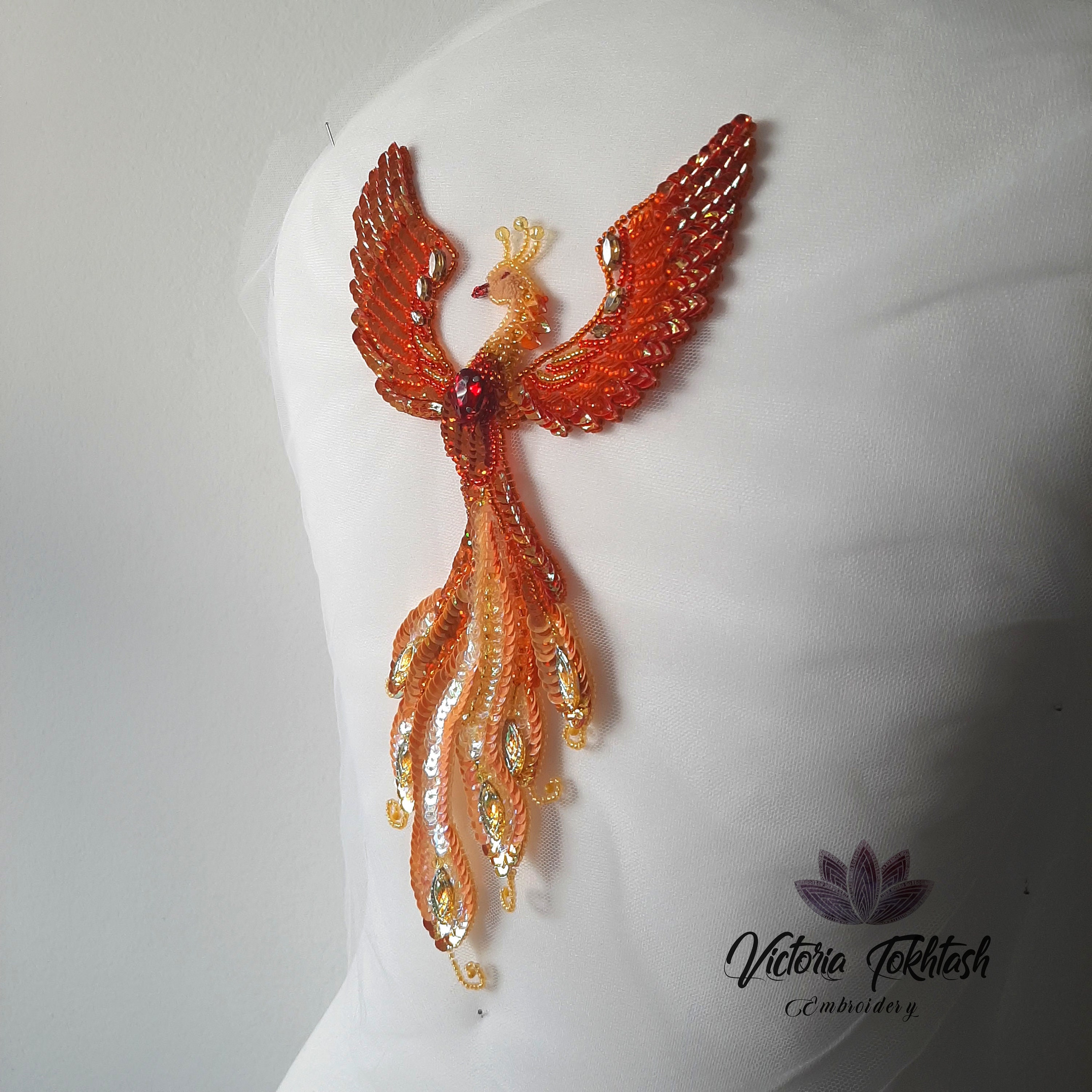Embroidered Applique Phoenix Patch Bird Beaded Applique on an Evening ...