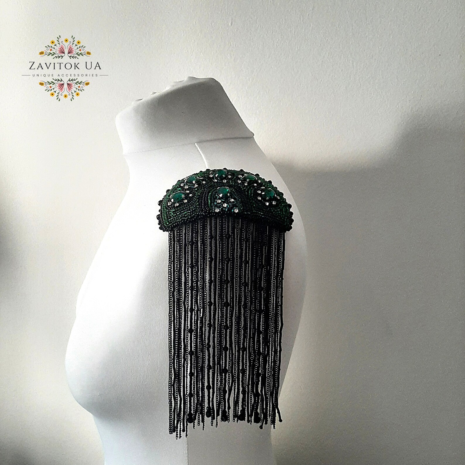 Luxury Emerald Crystal Epaulettes, Couture Beaded Fringe Shoulders ...