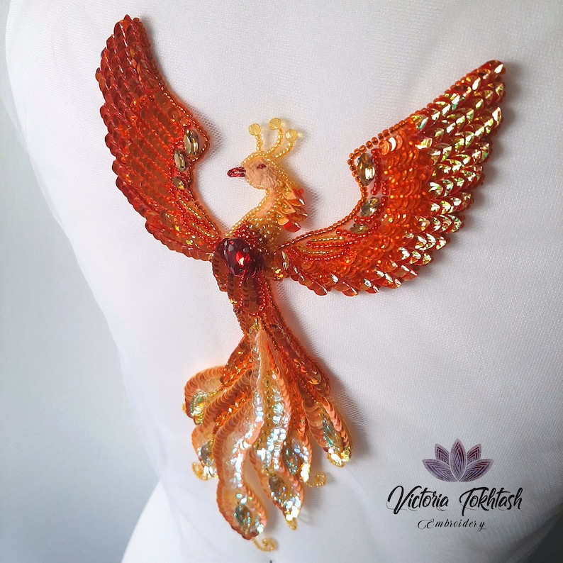 Embroidered Applique Phoenix Patch Bird Beaded Applique on an Evening ...