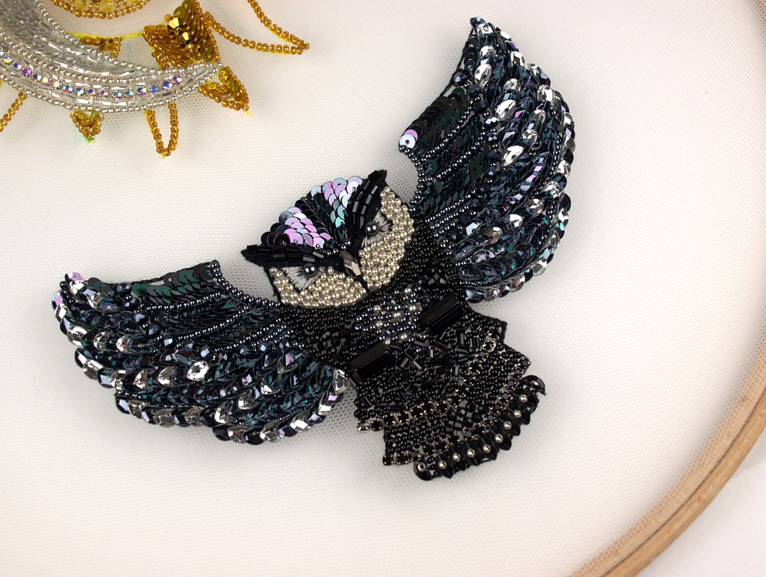 Bird Owl Sequin Embroidery Beaded Applique Patch. Bird Motif for Designer Clothes, Patch Hats ...
