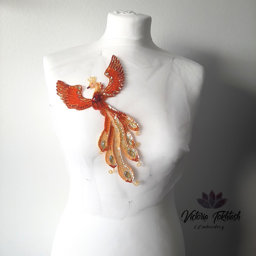 Embroidered Applique Phoenix Patch Bird Beaded Applique on an Evening ...