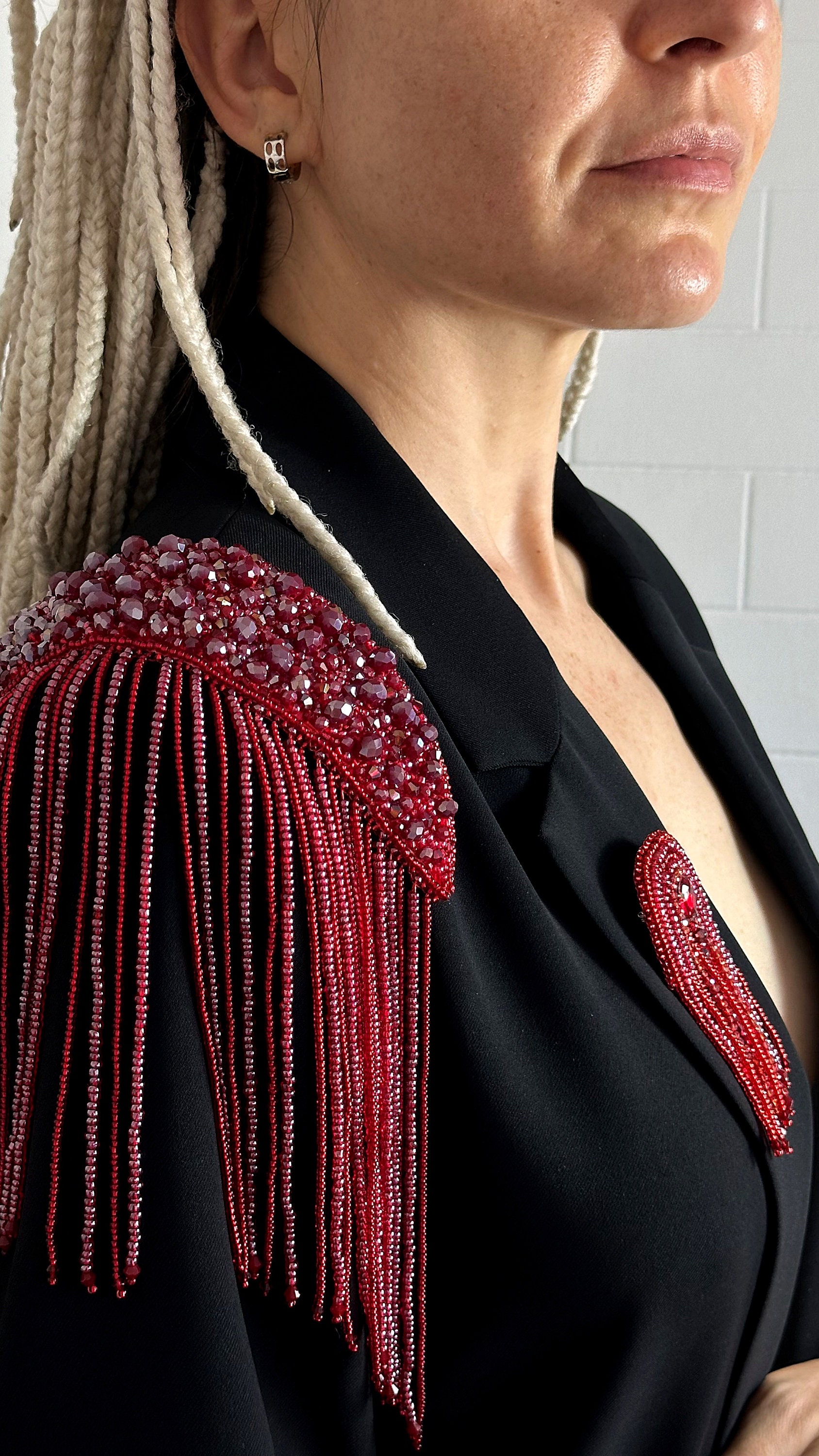 Luxury Beaded Epaulettes With Fringe, Red Crystal Shoulder Pads ...