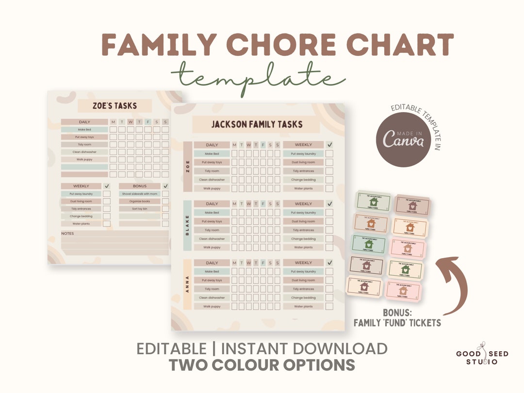 Chore Chart for Kids and Families With Chore Reward Tickets | Bright ...
