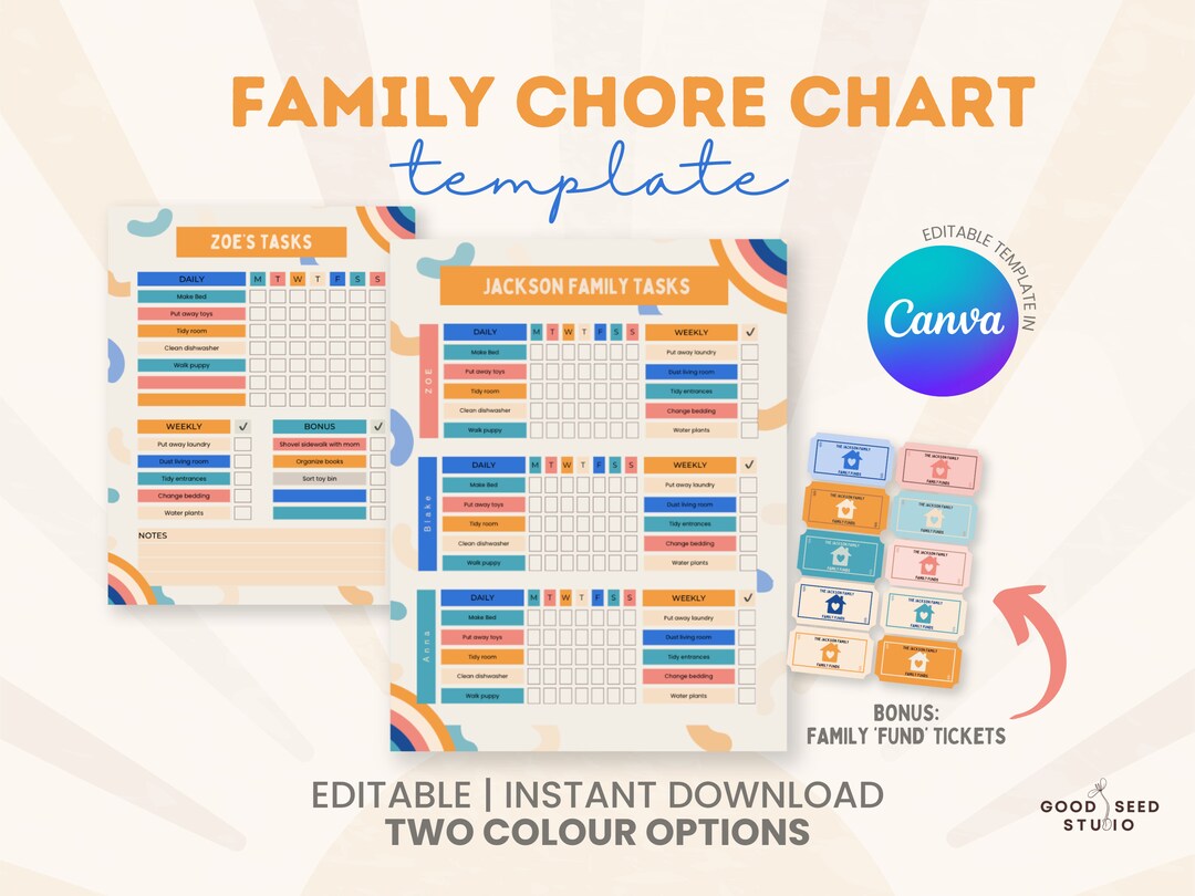 Chore Chart for Kids and Families With Chore Reward Tickets Bright ...