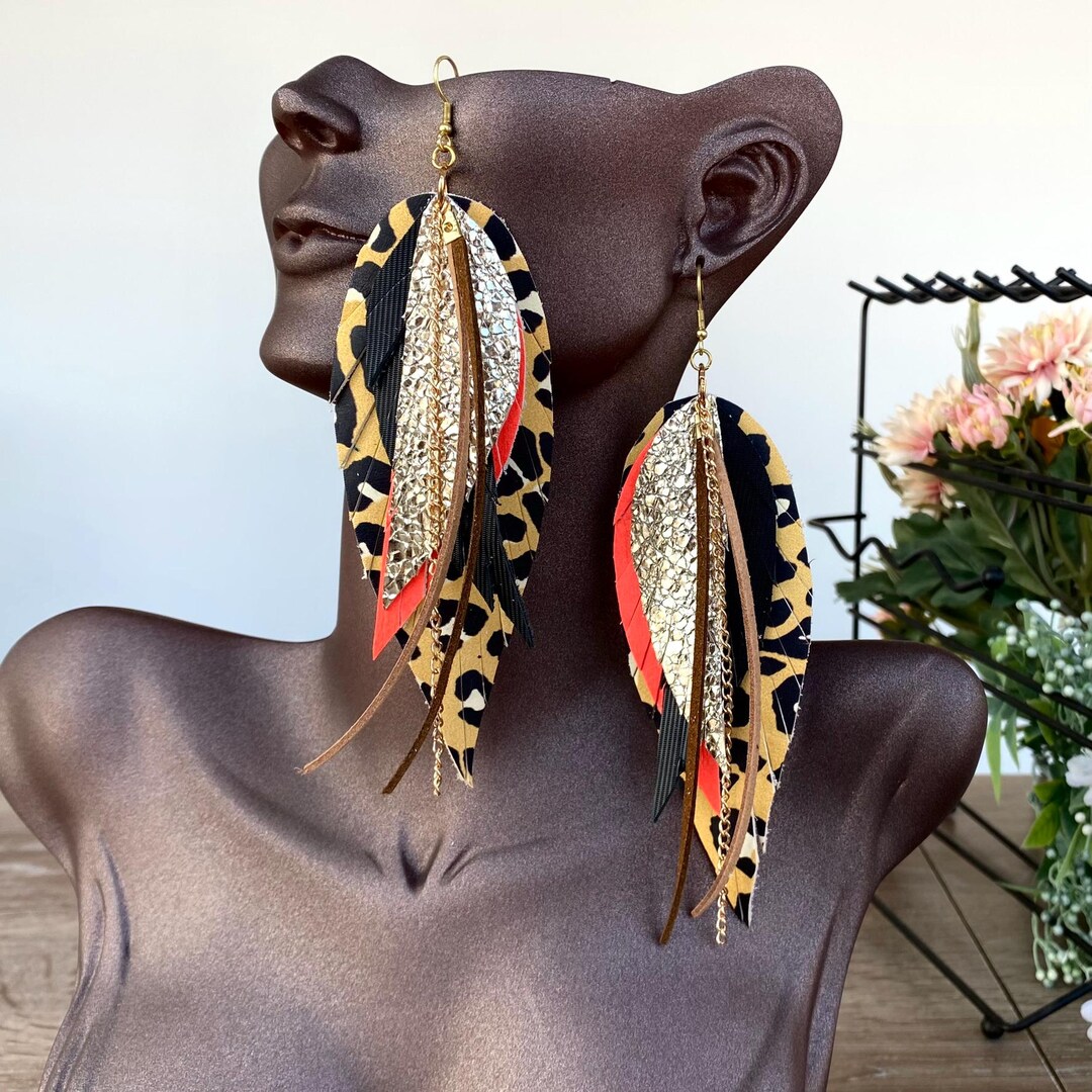 Leopard Print Multi Color Leather Feather Earrings Lightweight ...