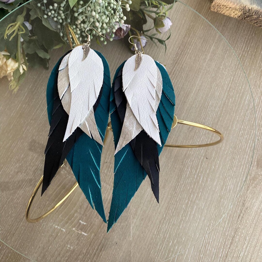 Game Day Eagles Inspired Leather Feather Earrings Teal Black White ...