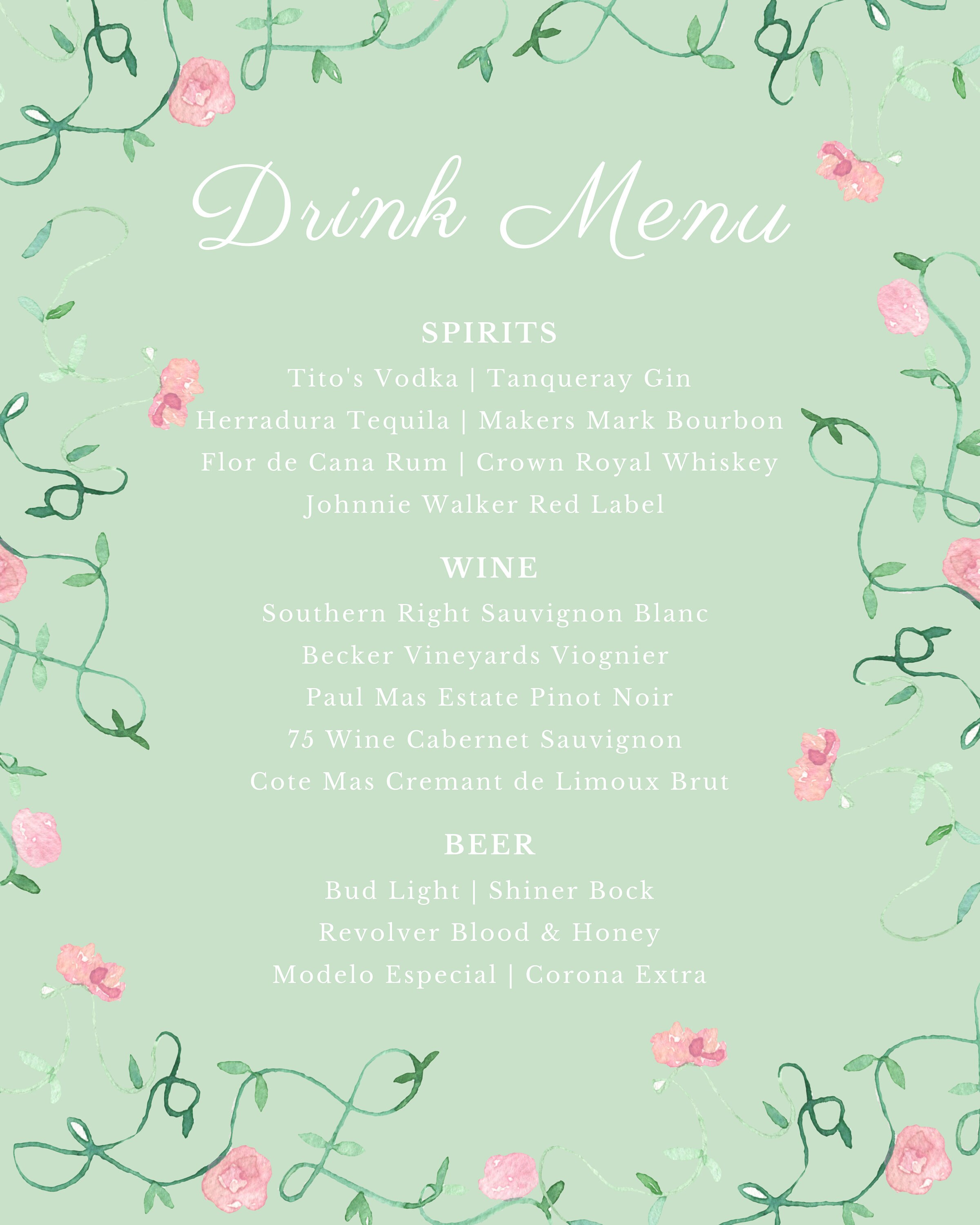 Editable Drink Menu Template | Whimsical Pink and Green Floral Design ...