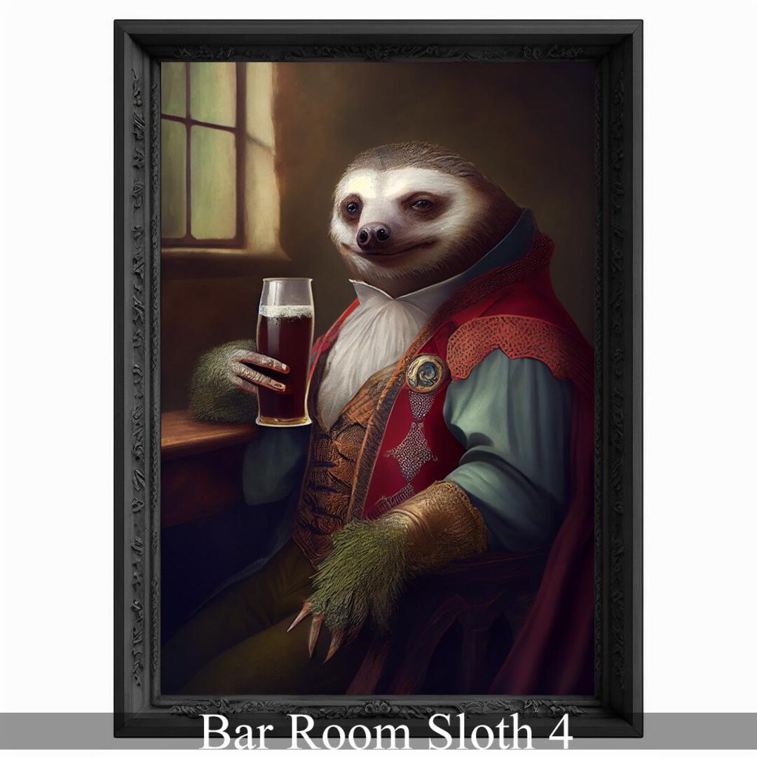 Regal Sloth Drinking Beer Art Print: Vintage Animal Portrait - Etsy