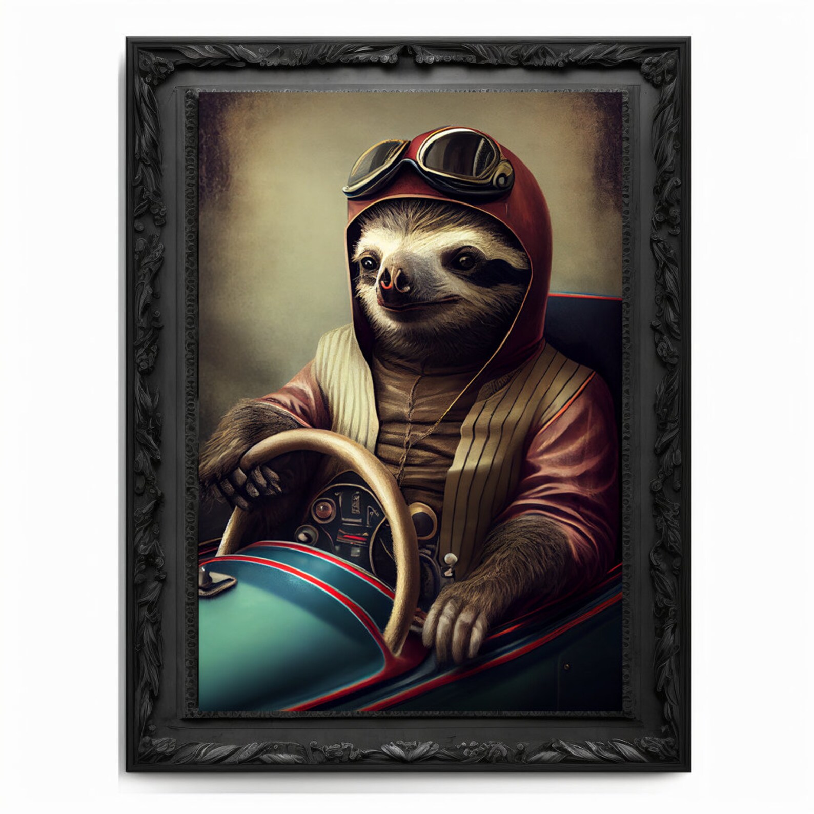 Race Car Sloth Art Print, Motor Sports Animal Vintage Regal Art Poster ...