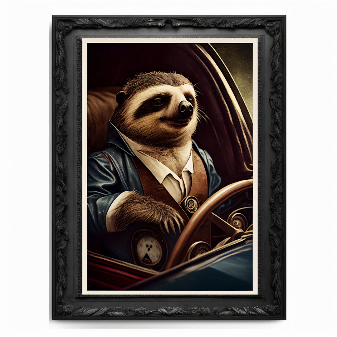 Race Car Sloth Art Print, Motor Sports Animal Vintage Regal Art Poster ...